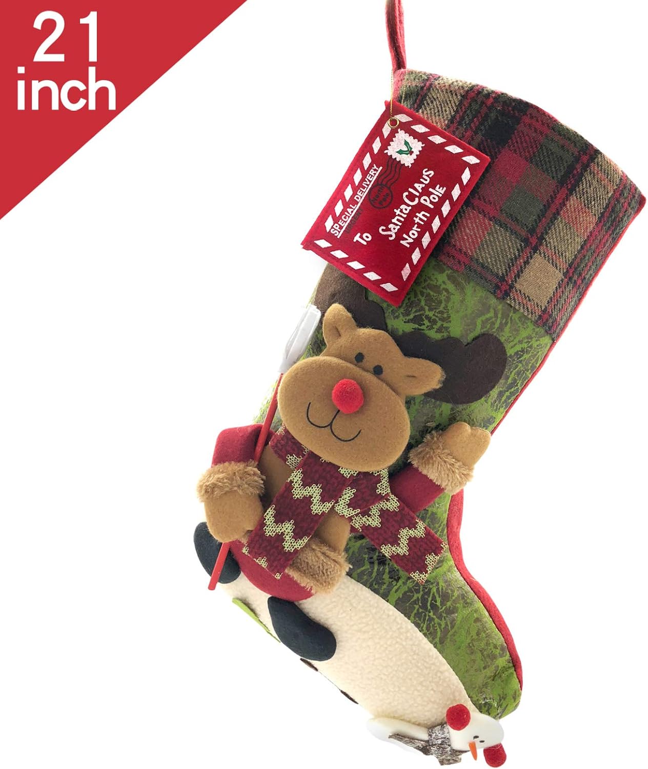 Etokfoks 21 Inch Large Plaid Felt Christmas Stocking 1 Piece Green 3D ...