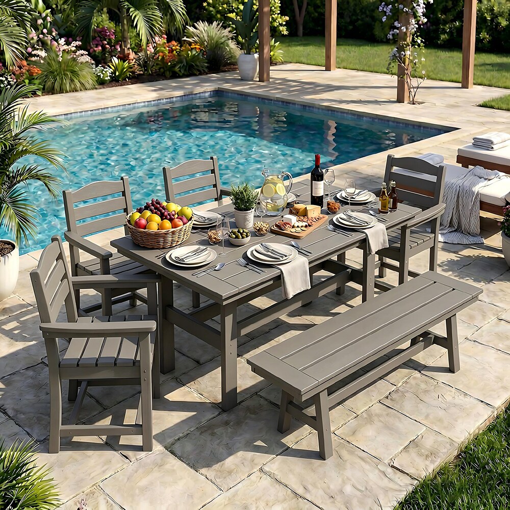 Famapy HDPE Patio Dining Set with Table Four Arm Chairs and One Bench ...