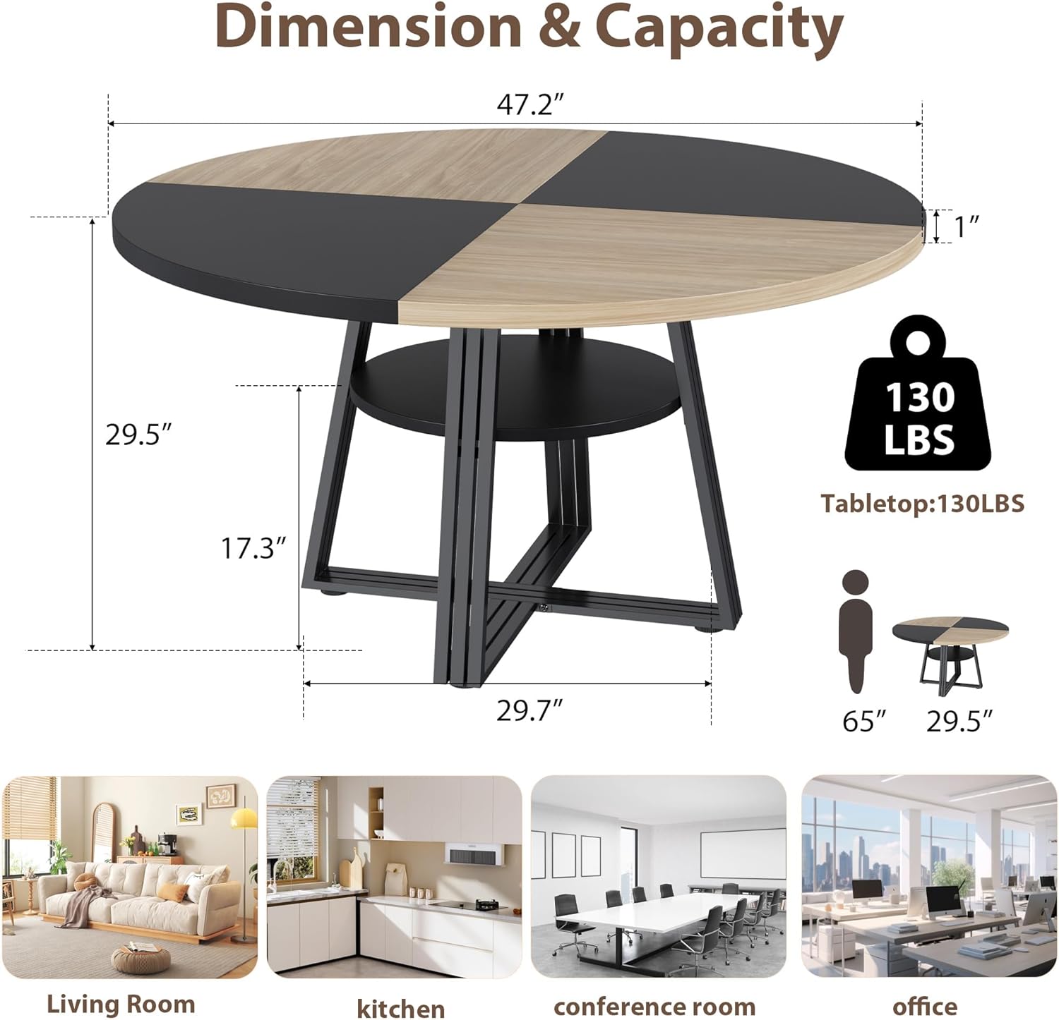 Garvee Round Dining Table for 4-6 47.2in Farmhouse Kitchen Table with ...