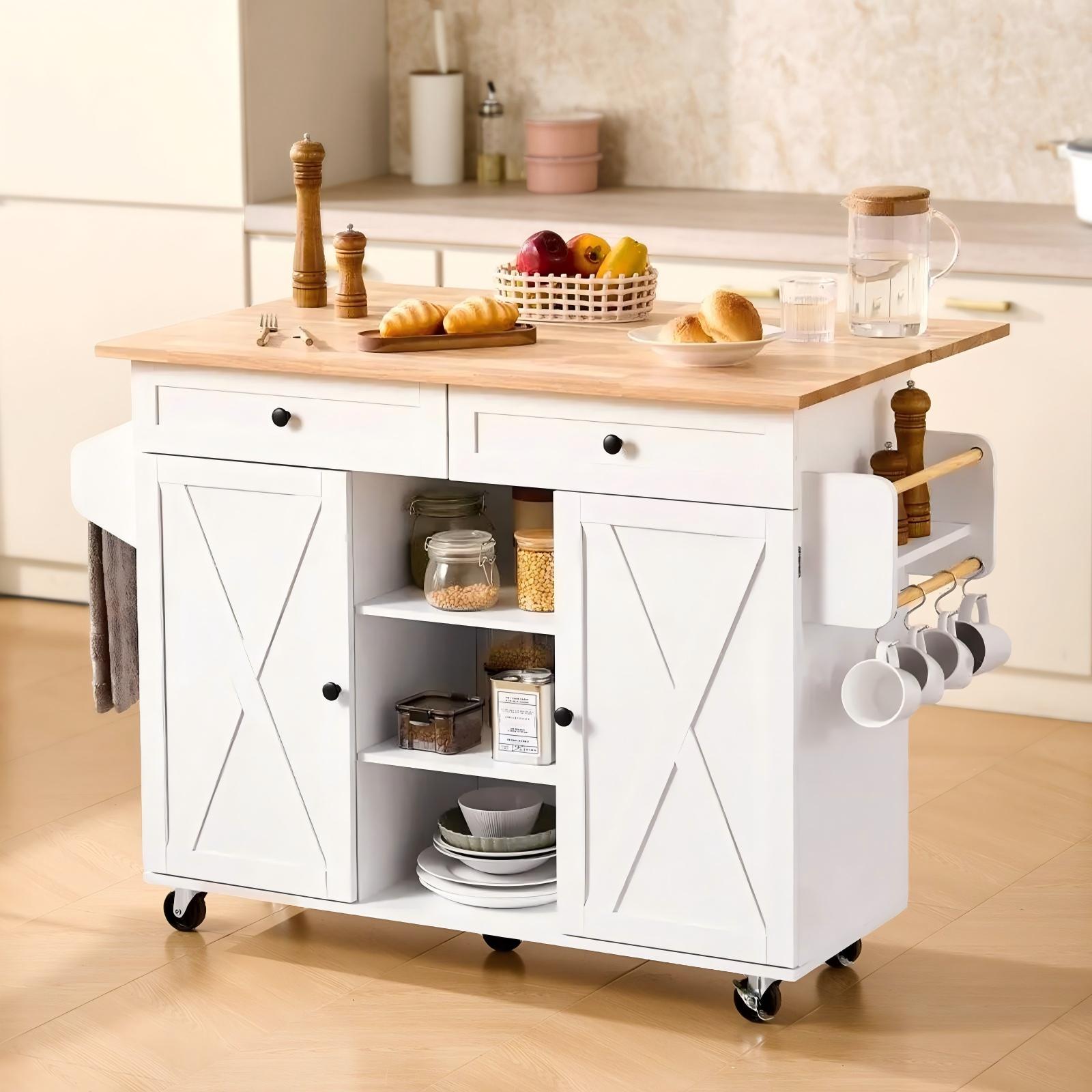 GIVIMO Kitchen Island Cart 52-in Solid Wood Top Rolling Table with Drop ...