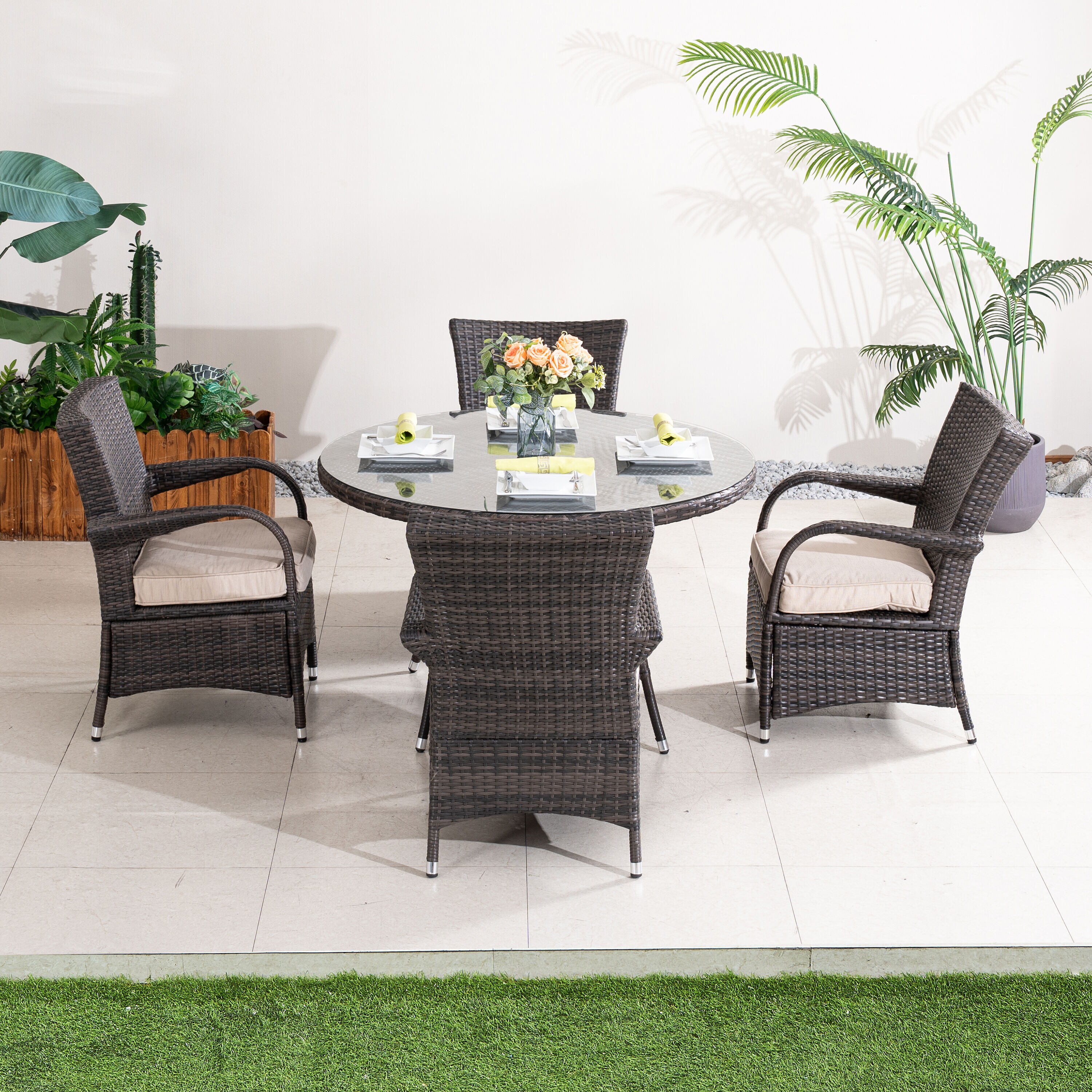 Moda Furnishings Belle 5 -Piece Brown Wicker Patio Dining Set Wicker ...