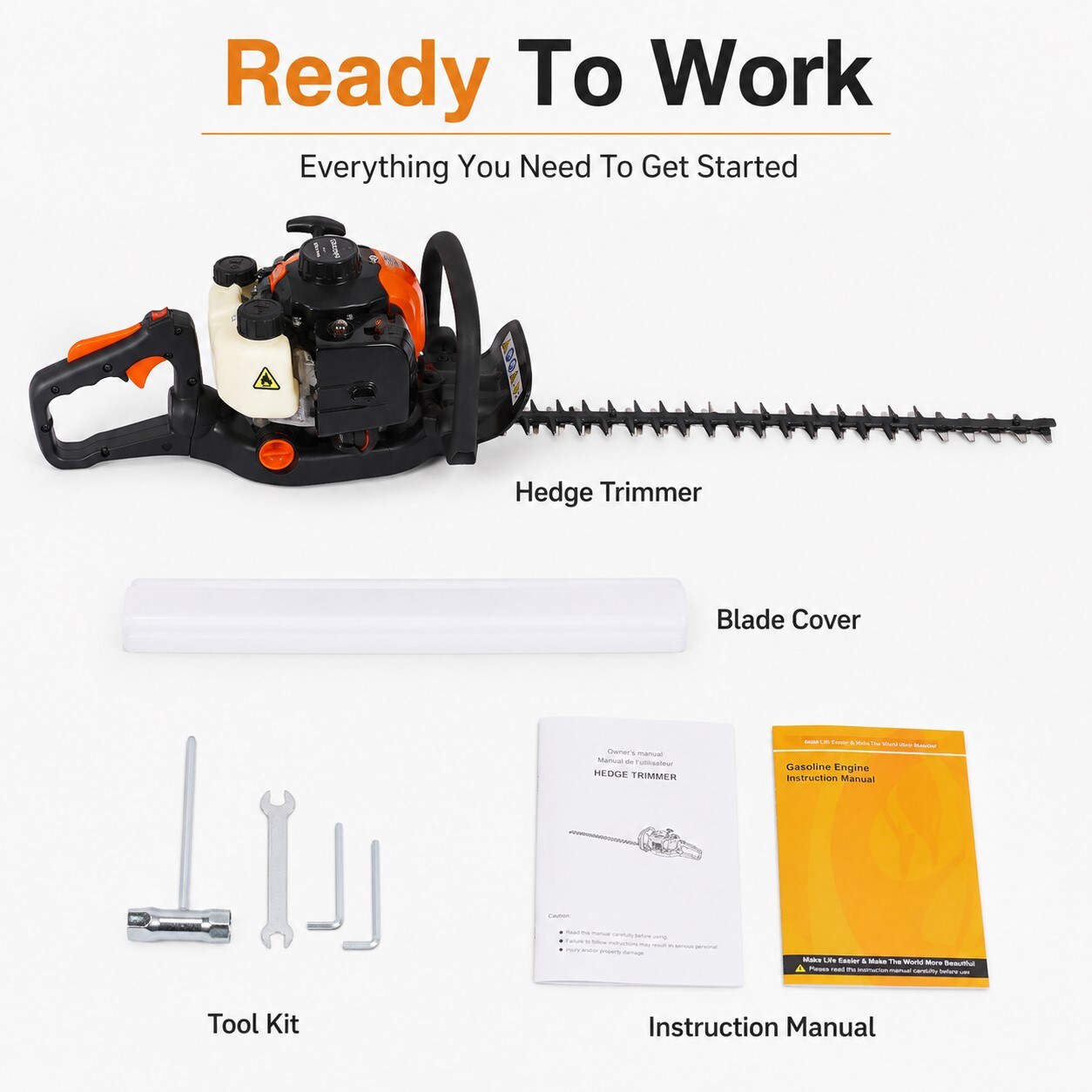 HBUDS 26cc 2 Cycle Gas Hedge Trimmer 24 Inch Dual Sided Blade Recoil ...