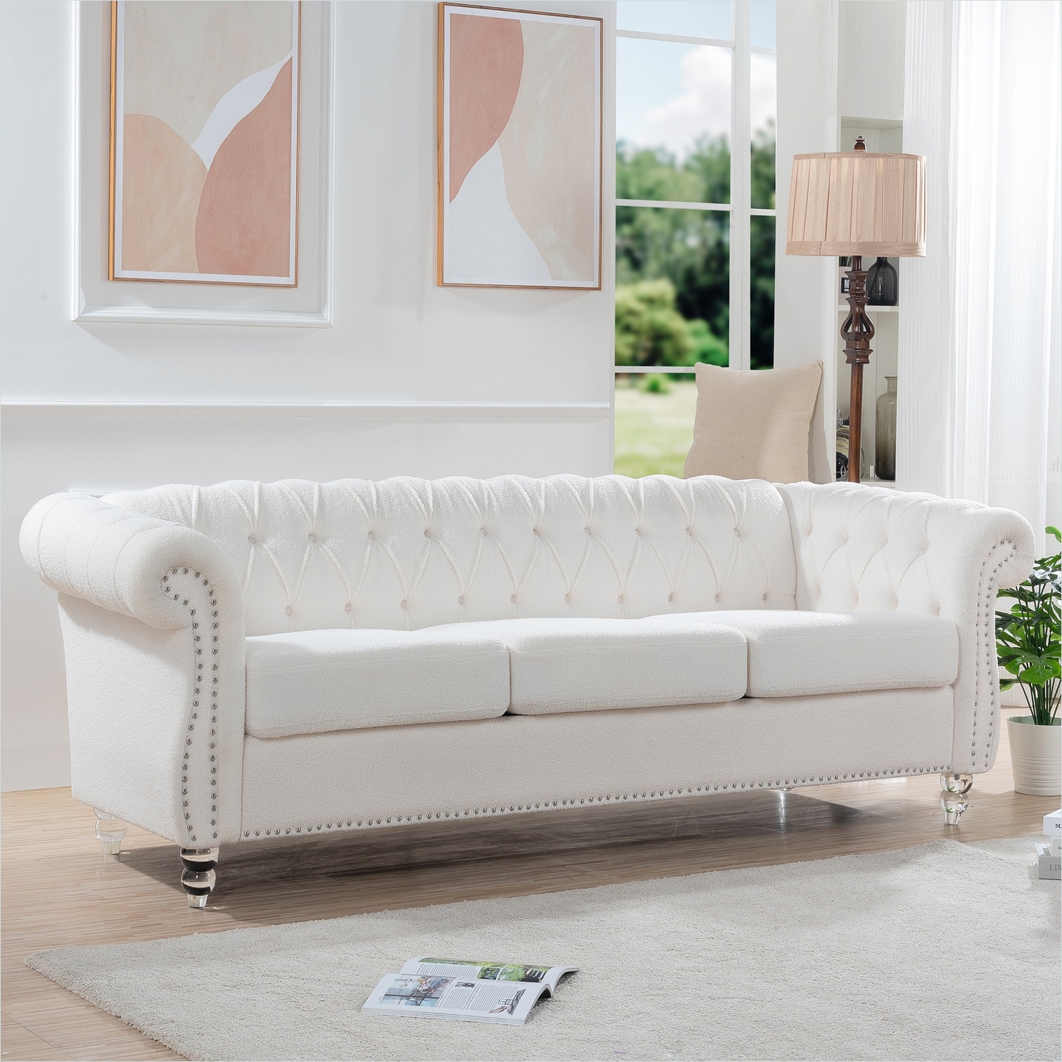Naturefalls Chesterfield 3-Seater Sofa with Rolled Arms White-Toned PU ...