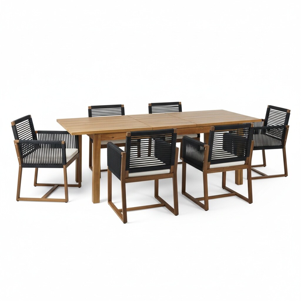 Direct Wicker 7 -Piece beige Patio Dining Set Wood Rectangle Table with ...