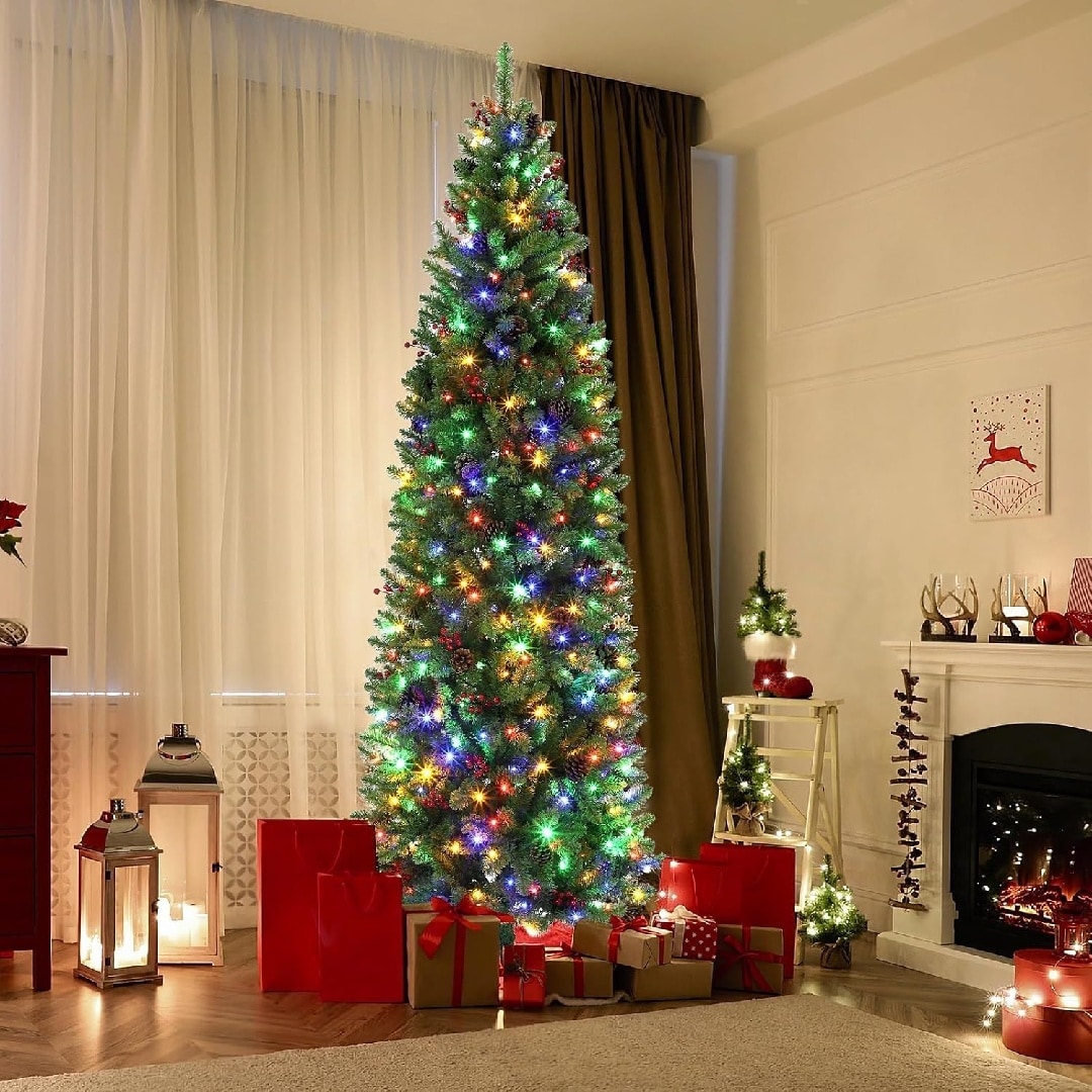 IdealHouse 7FT Slim Pencil Christmas Tree Pre Lit 200 Color Changing ...