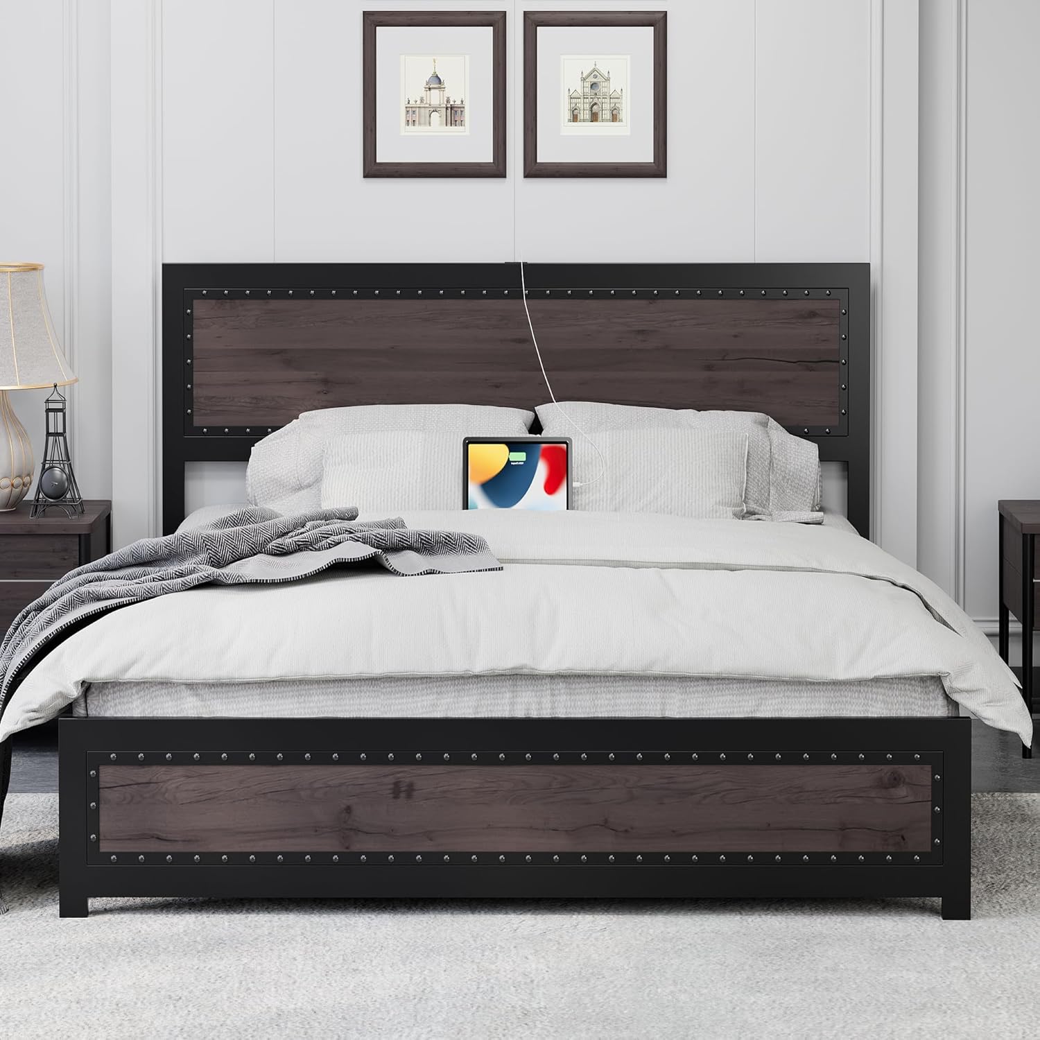 GAOMON Queen Size Bed Frame with Wood Rivet Headboard and Footboard ...