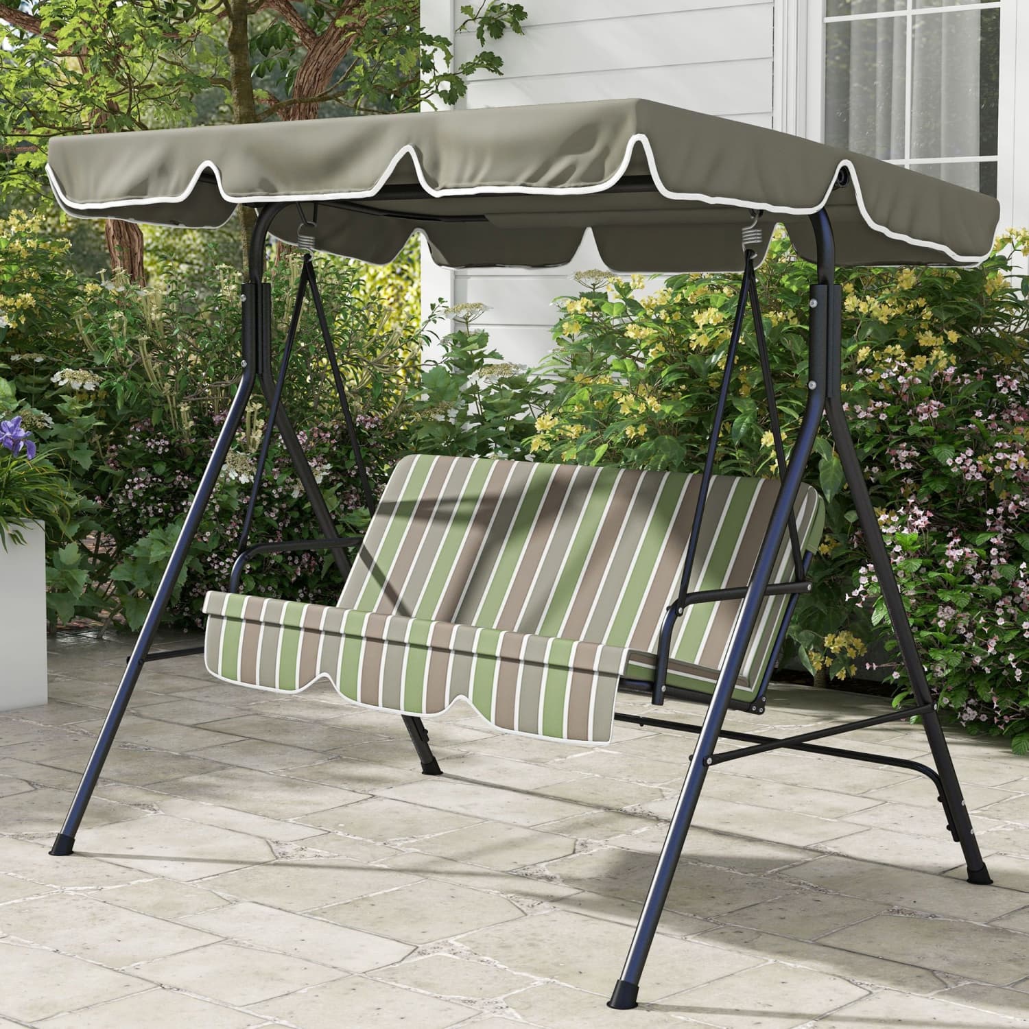 Angel Sar 3-Person Beige Green Steel Patio Swing with Cushioned Seat ...