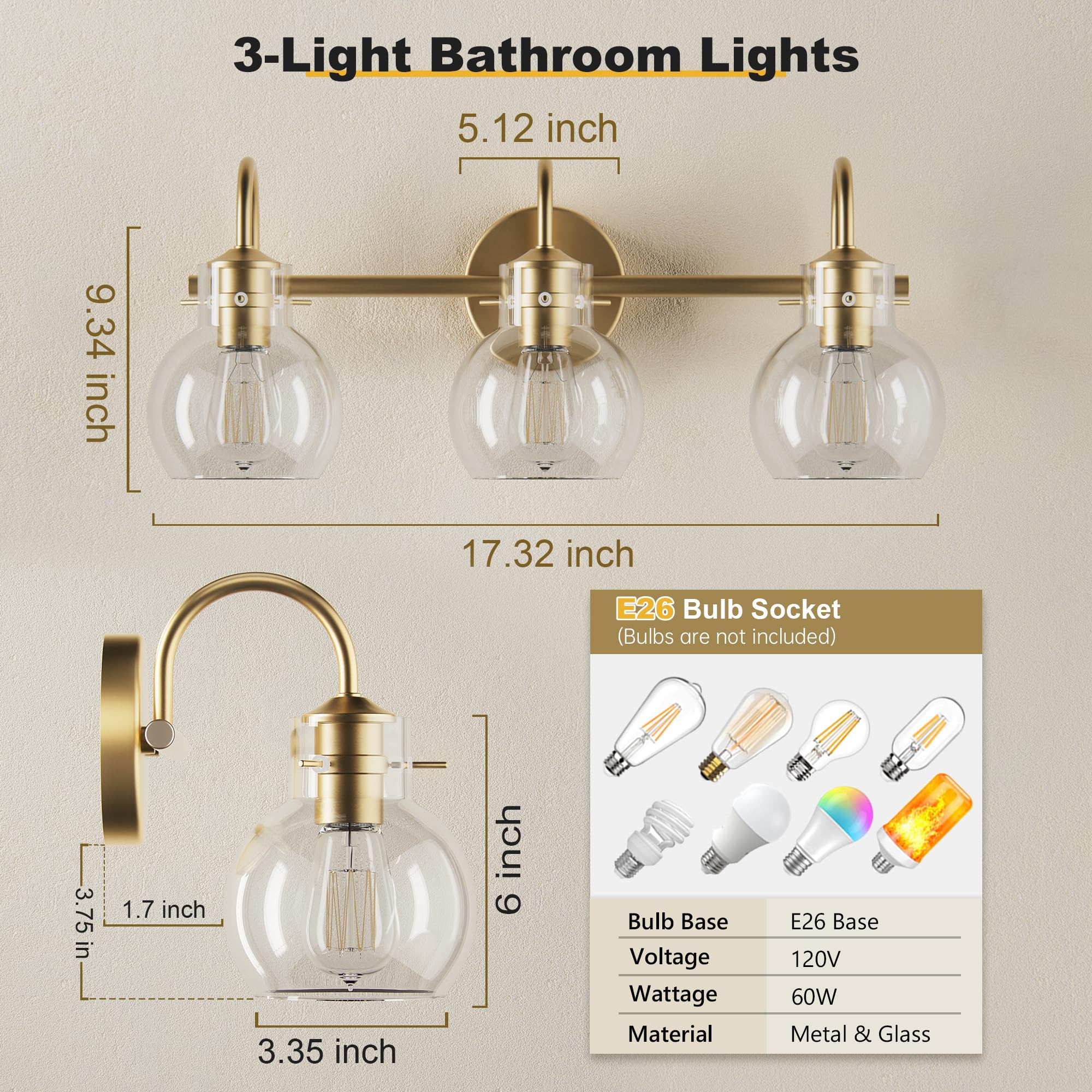 Clavie Light Dimmable Bathroom Vanity Lights with Clear Shade 25.59-in ...
