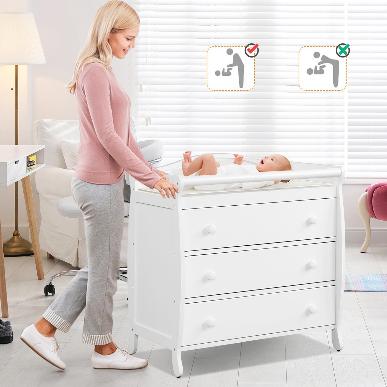 Costway 3 Drawer Baby Changing Table Infant Diaper Changing Station ...