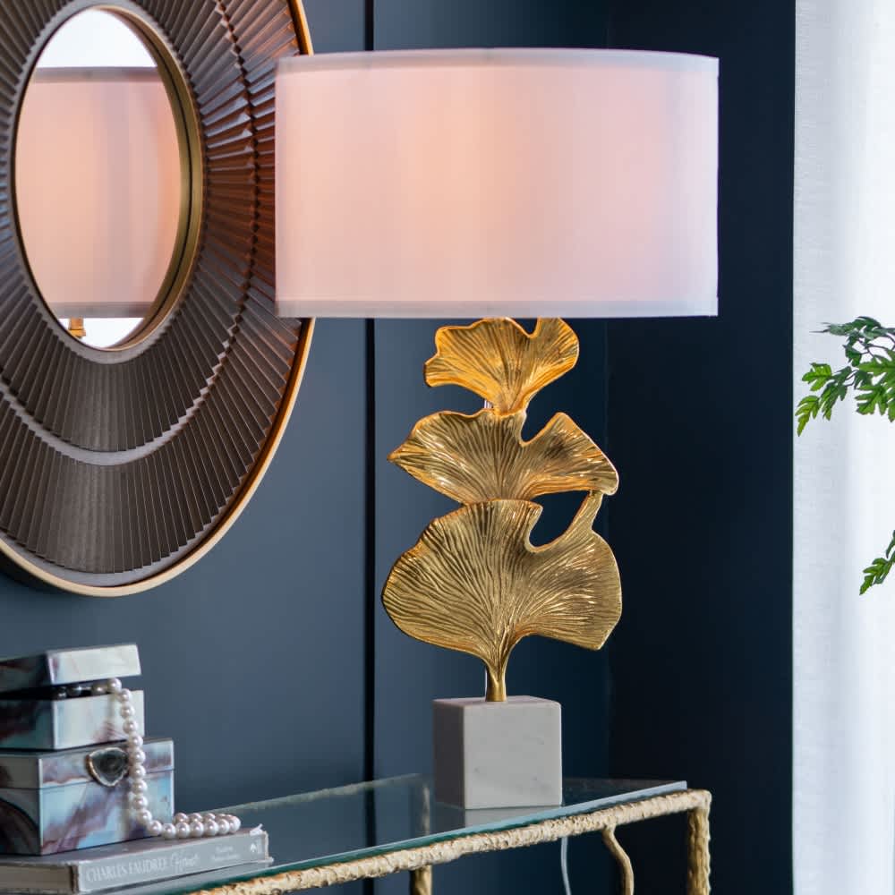 Coolbibila Gold Ginkgo Leaf Table Lamp with Marble Cube Base and White ...