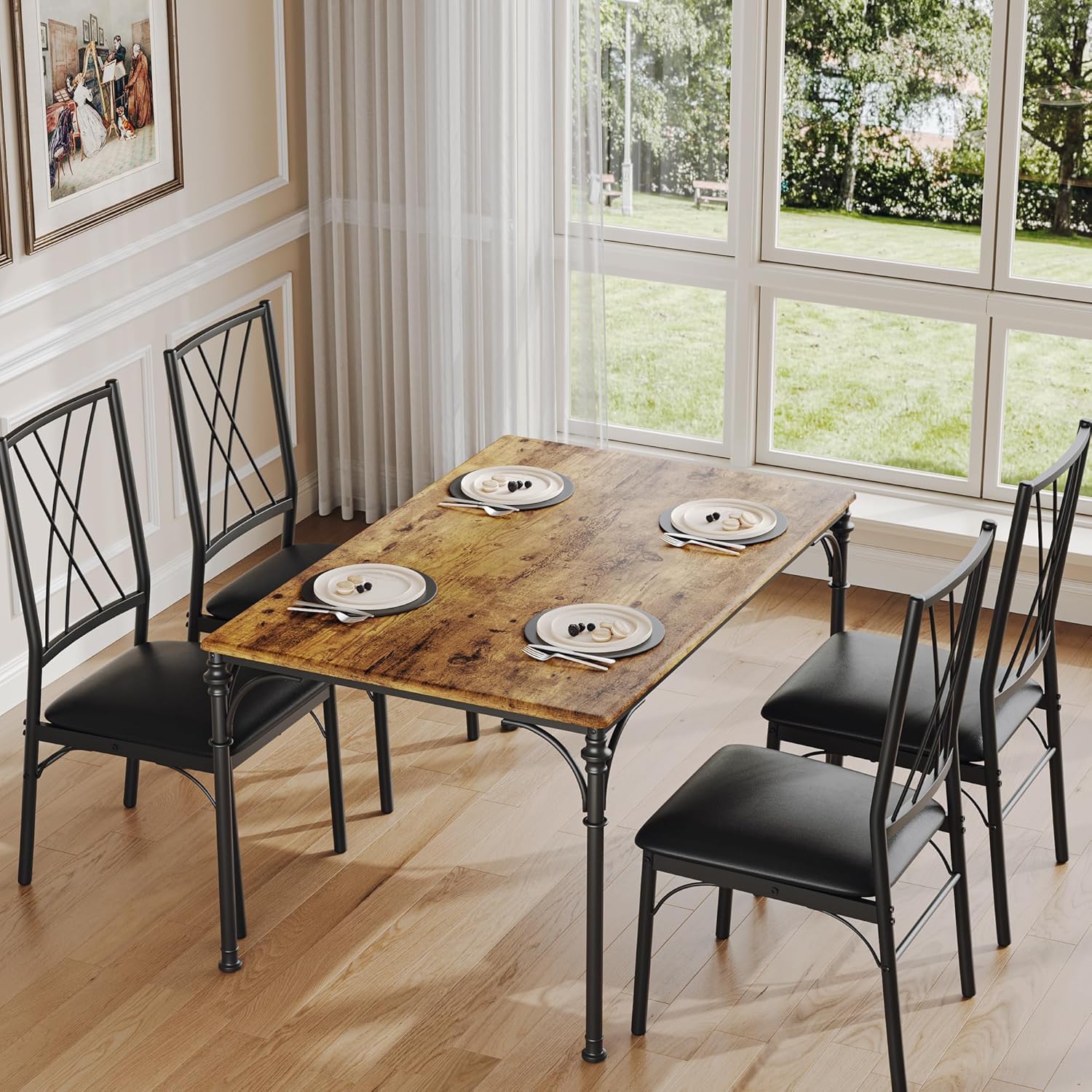 Garvee 5 Piece Dining Table Set for 4 with Padded Chairs Rustic Brown ...