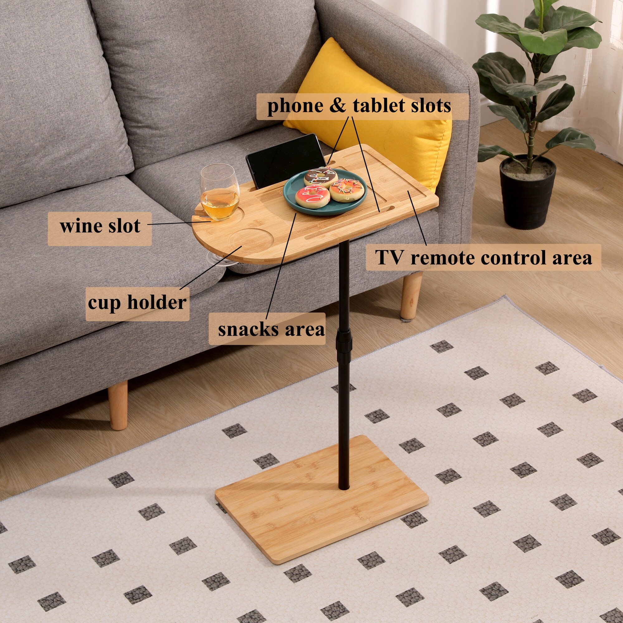 HyperDrop Cart Bamboo Height Adjustable Couch Tray Table/ C-Shaped Oval ...