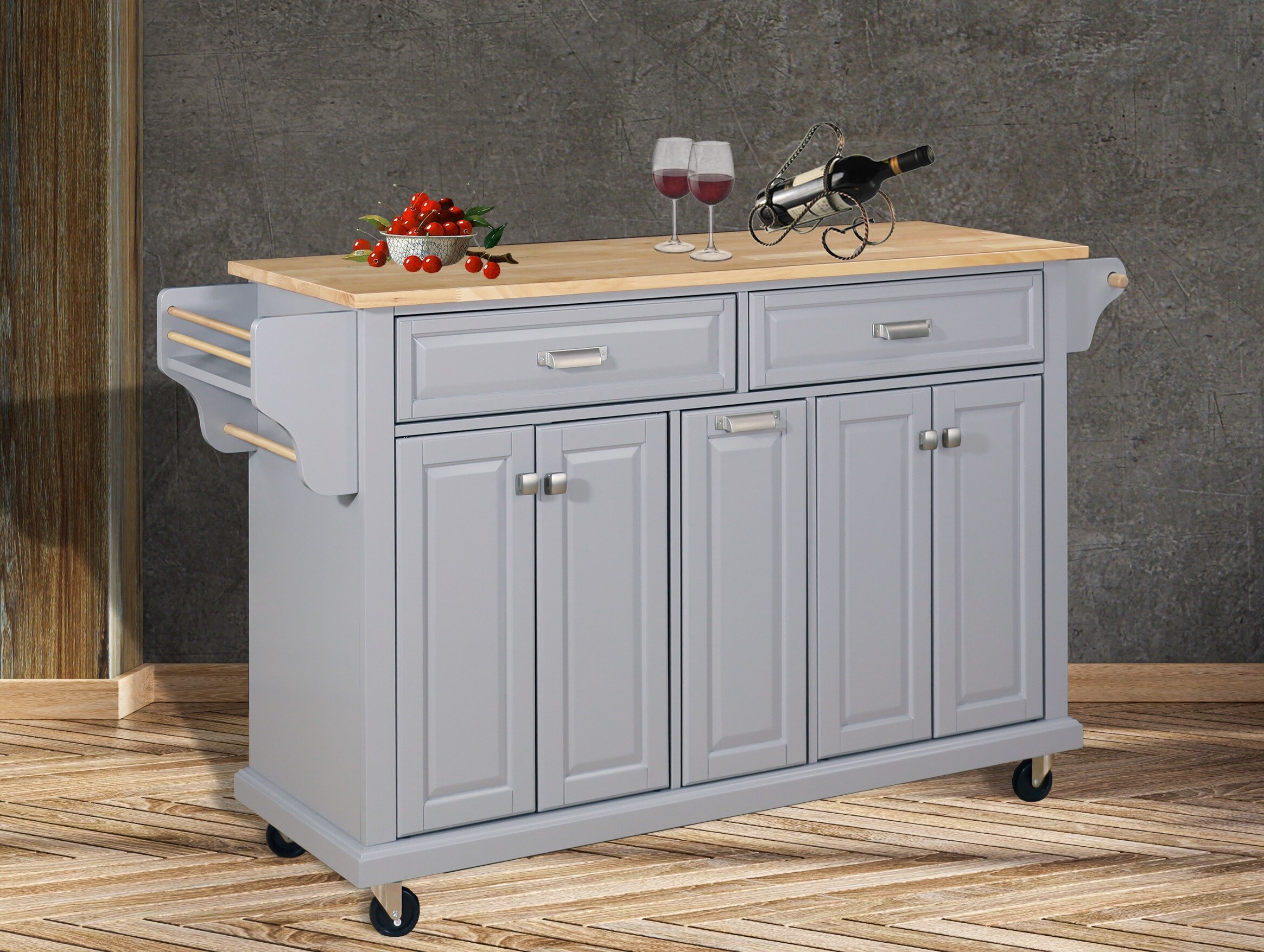 CESICIA Gray Wood Base with Wood Top Rolling Kitchen Island (18-in x 51 ...