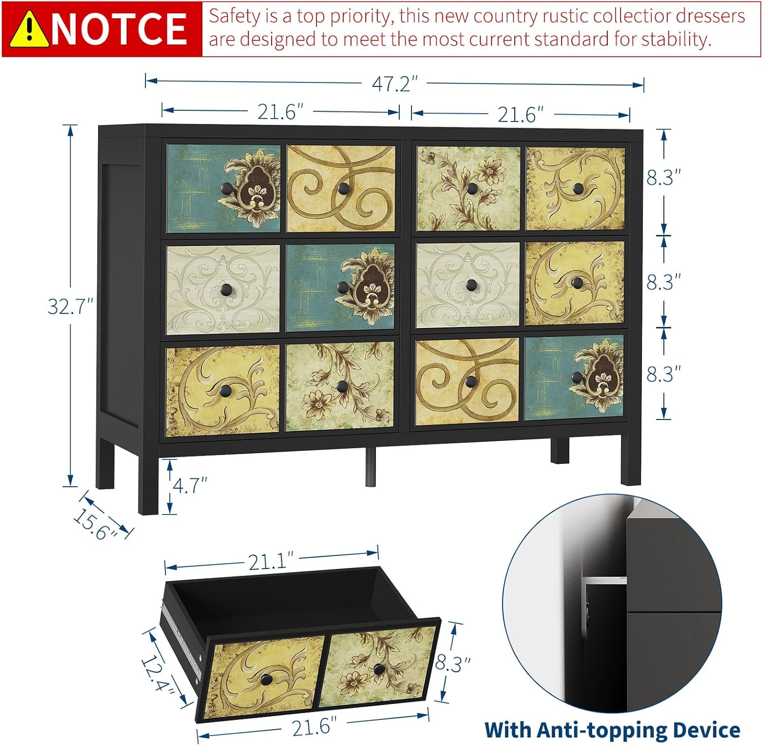 Edwards 6 Drawers Dresser for Bedroom Wood Rustic Chest of Drawers with ...