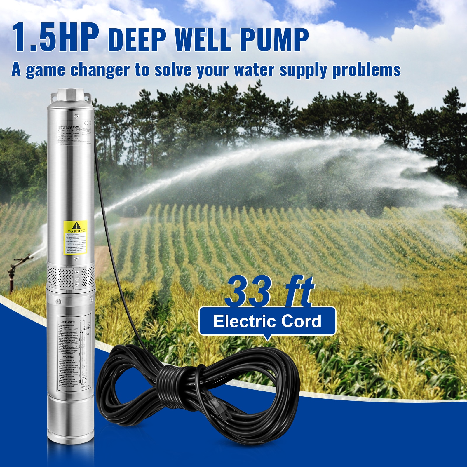 VEVOR Deep Well Submersible Pump 1.5HP 230V/60Hz 37gpm 276ft Head with ...