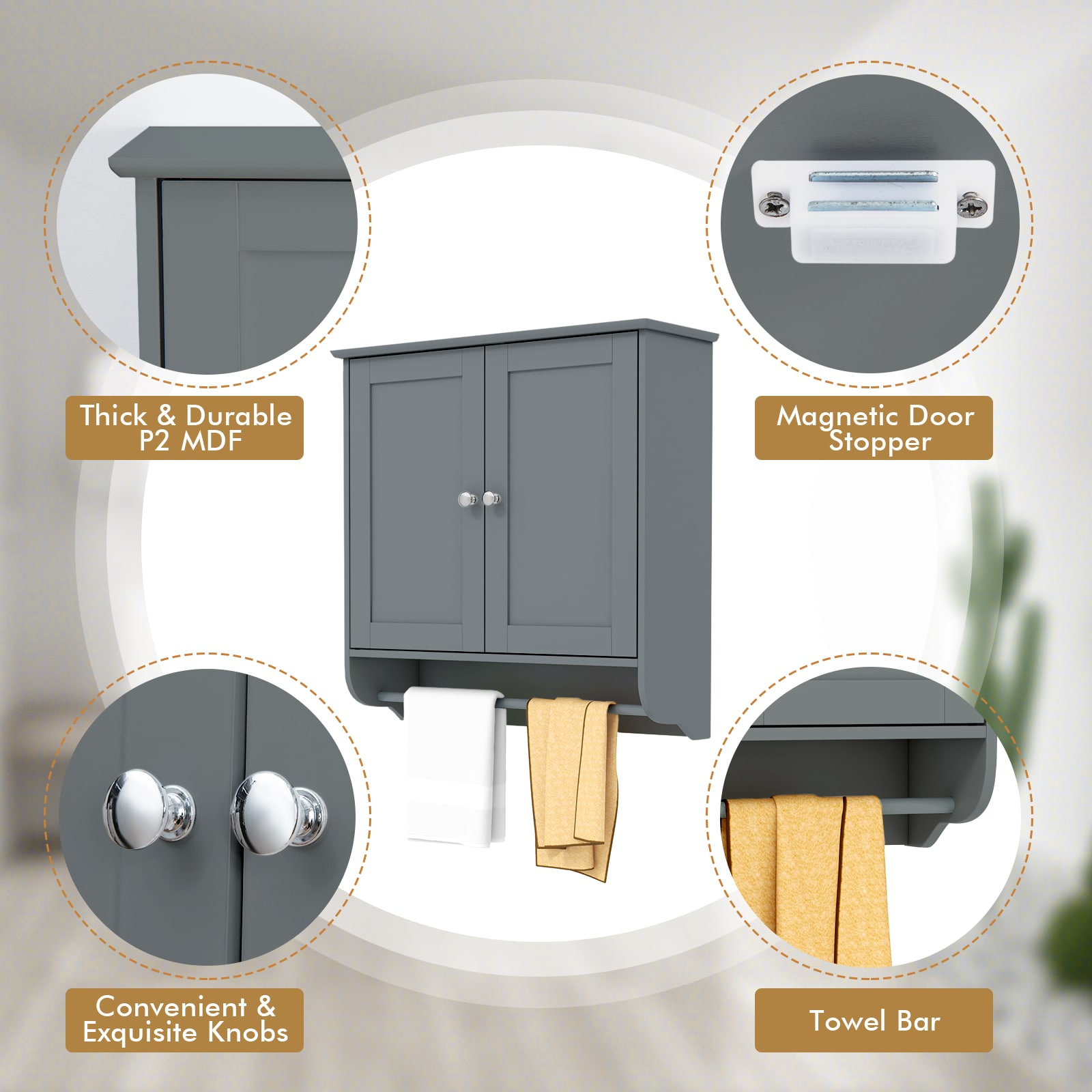 Slickblue Bathroom Wall Mounted Gray/Brown/White Medicine Cabinet with ...