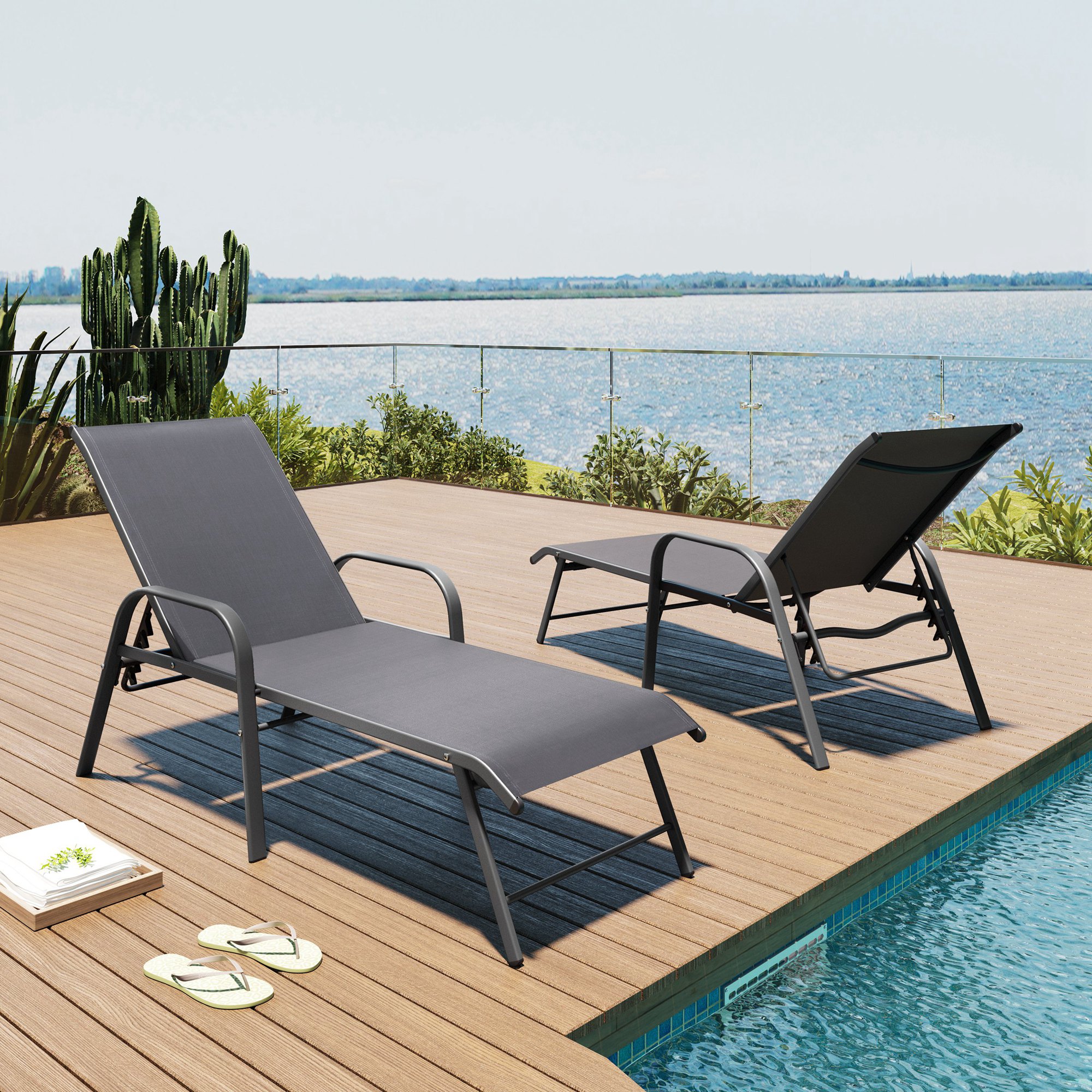 Pellebant Set of 2 Black Stationary Chaise Lounge Chair with Gray Mesh ...