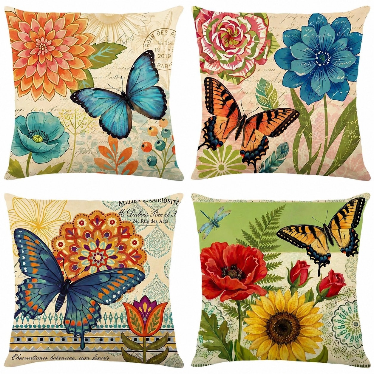 ITOPFOX Spring Summer Linen Pillow Covers Set of 4 20x20 Flower ...