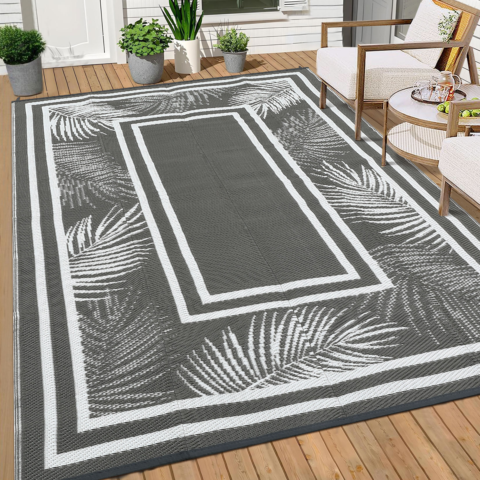 IdealHouse 9 x 12 ft Plastic Gray White Rectangular Area Rug Leaves ...