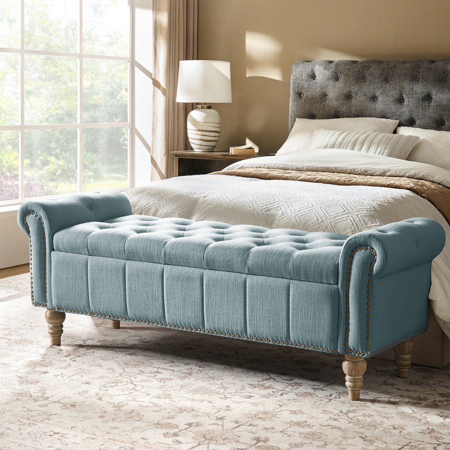 14 Karat Home Georgia Casual BLUE Accent Bench 58.5-in x 19-in x 21.5 ...