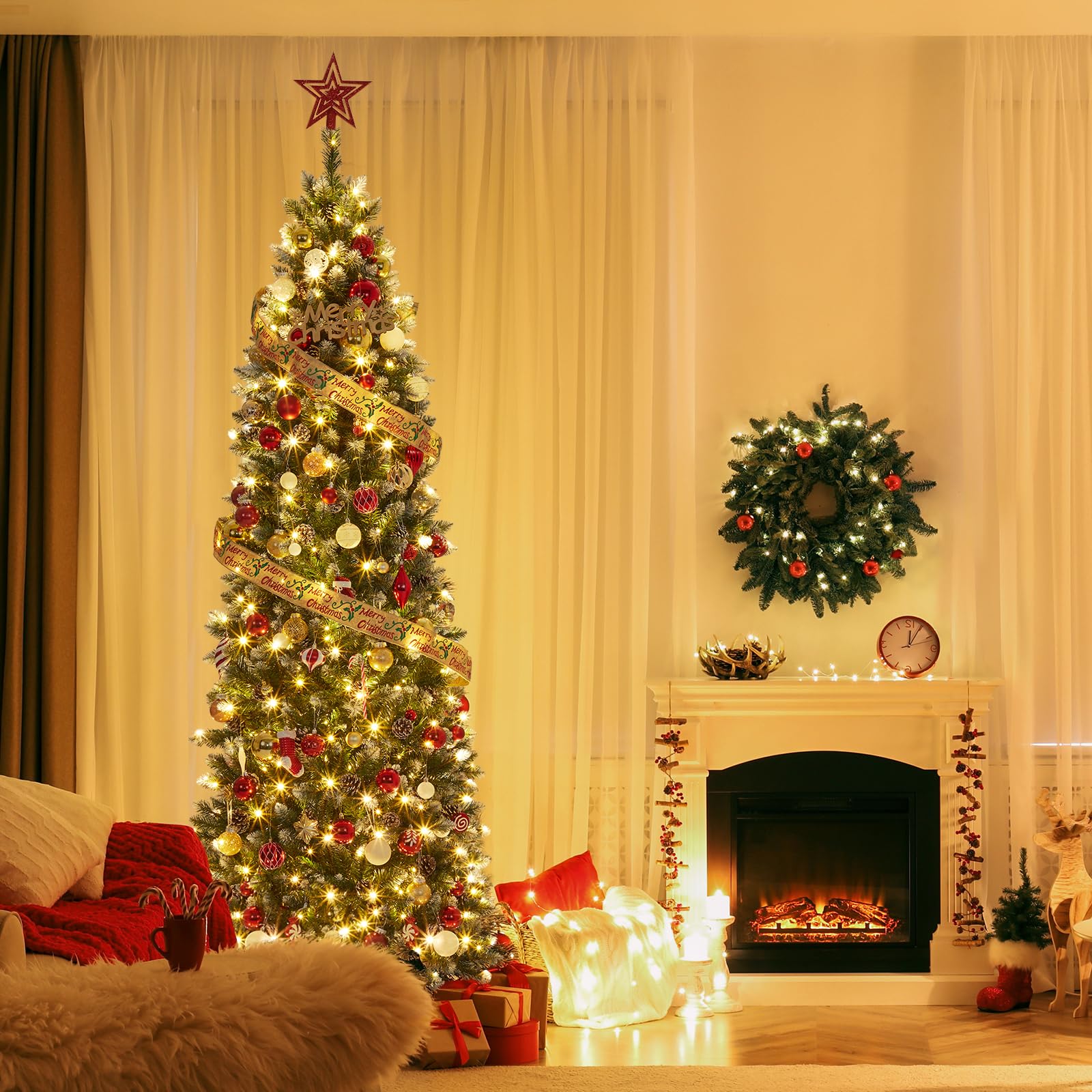 Der Rose 6FT Pencil Christmas Tree Artificial PreLit Slim Christmas ...