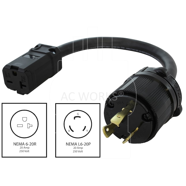 AC WORKS 1ft NEMA L6-20P to NEMA 6-20R 20-Amp 3-wire Grounding Single ... AC WORKS 1ft NEMA L6-20P to NEMA 6-20R 20-Amp 3-wire Grounding Single ...