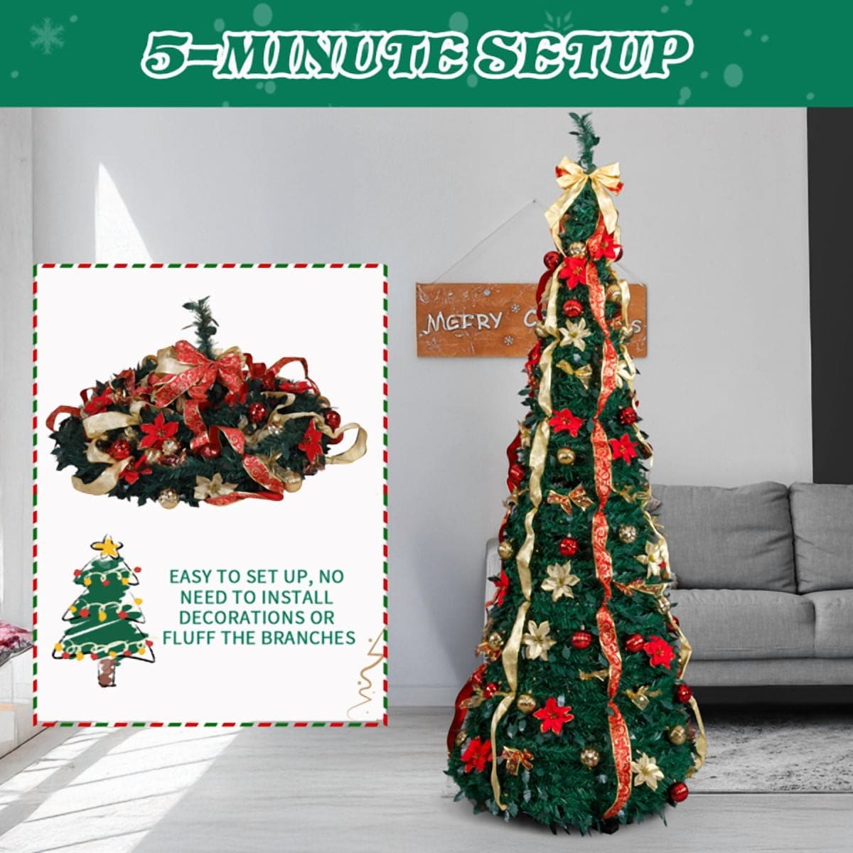 Zyerch 7FT PopUp Christmas Tree Fully Decorated Green Tree with Red ...
